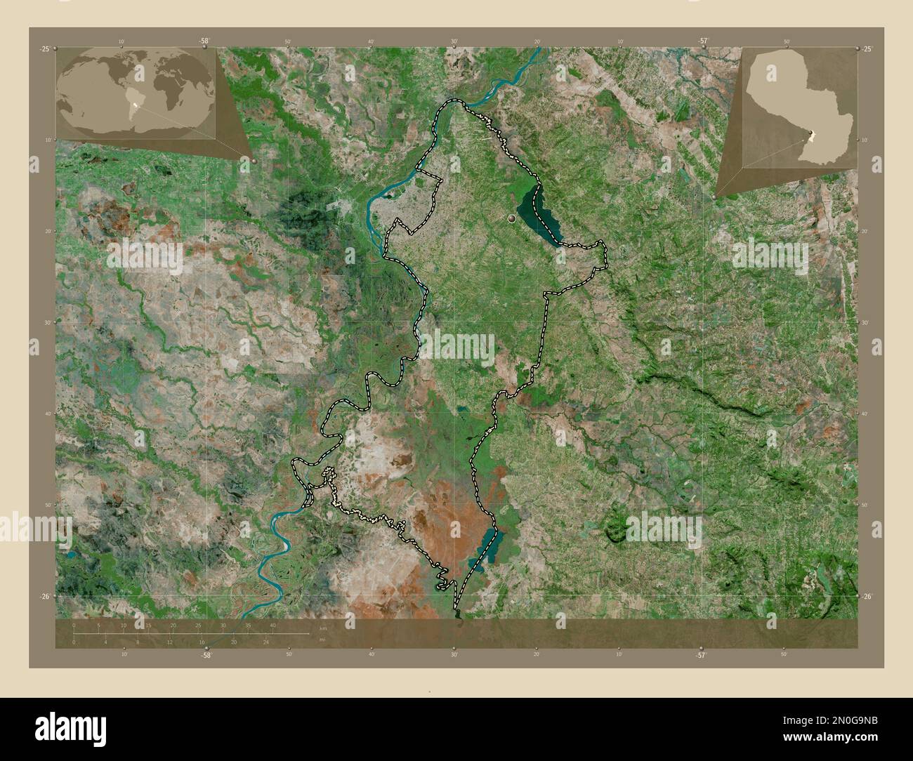 Central, department of Paraguay. High resolution satellite map. Corner auxiliary location maps ...