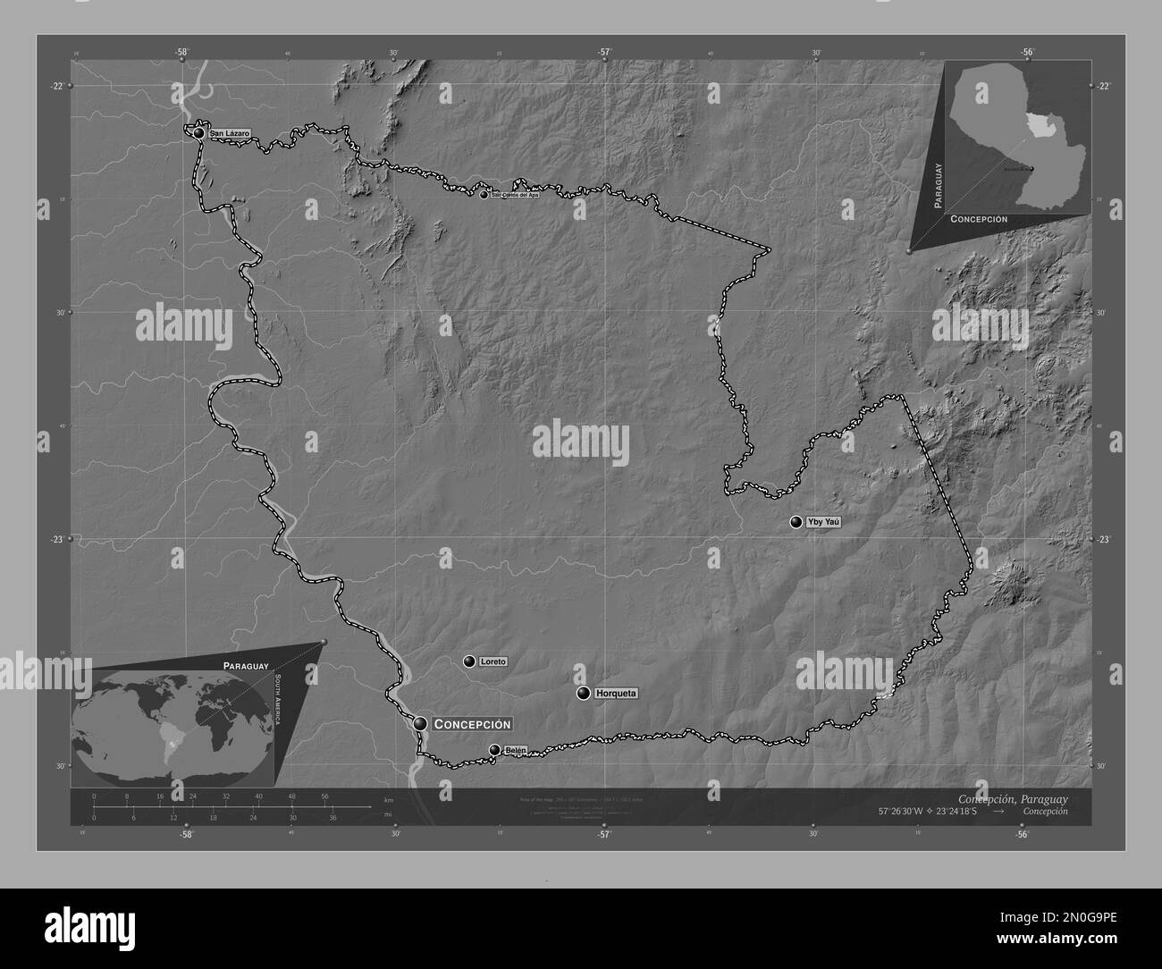 Concepcion, department of Paraguay. Bilevel elevation map with lakes ...
