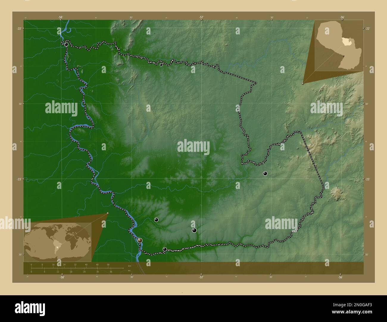 Concepcion, department of Paraguay. Colored elevation map with lakes ...