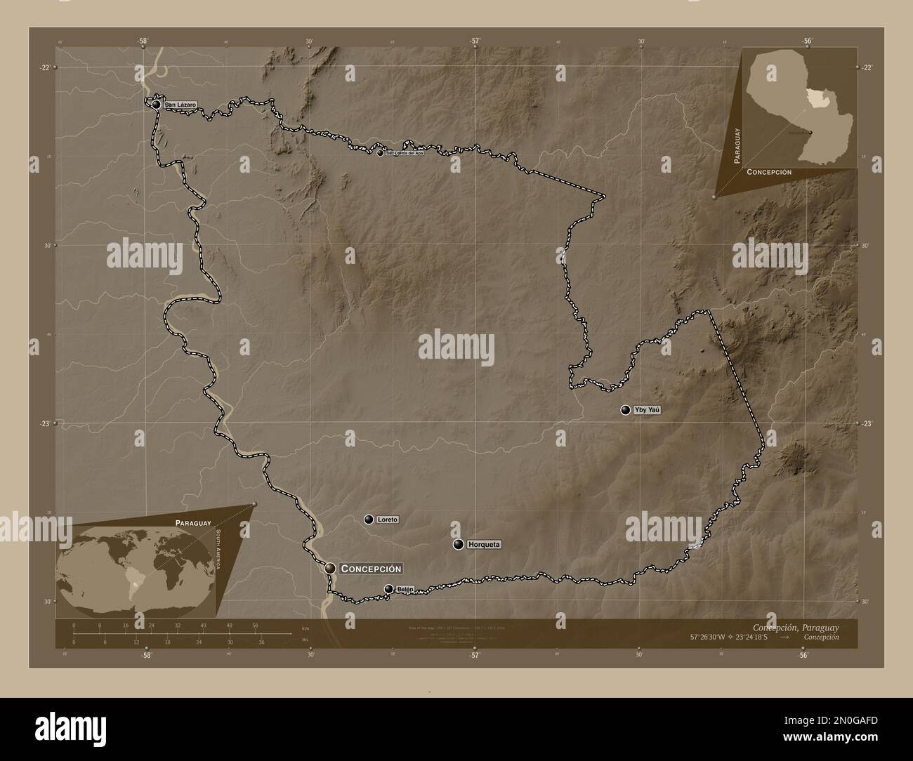 Concepcion, department of Paraguay. Elevation map colored in sepia ...