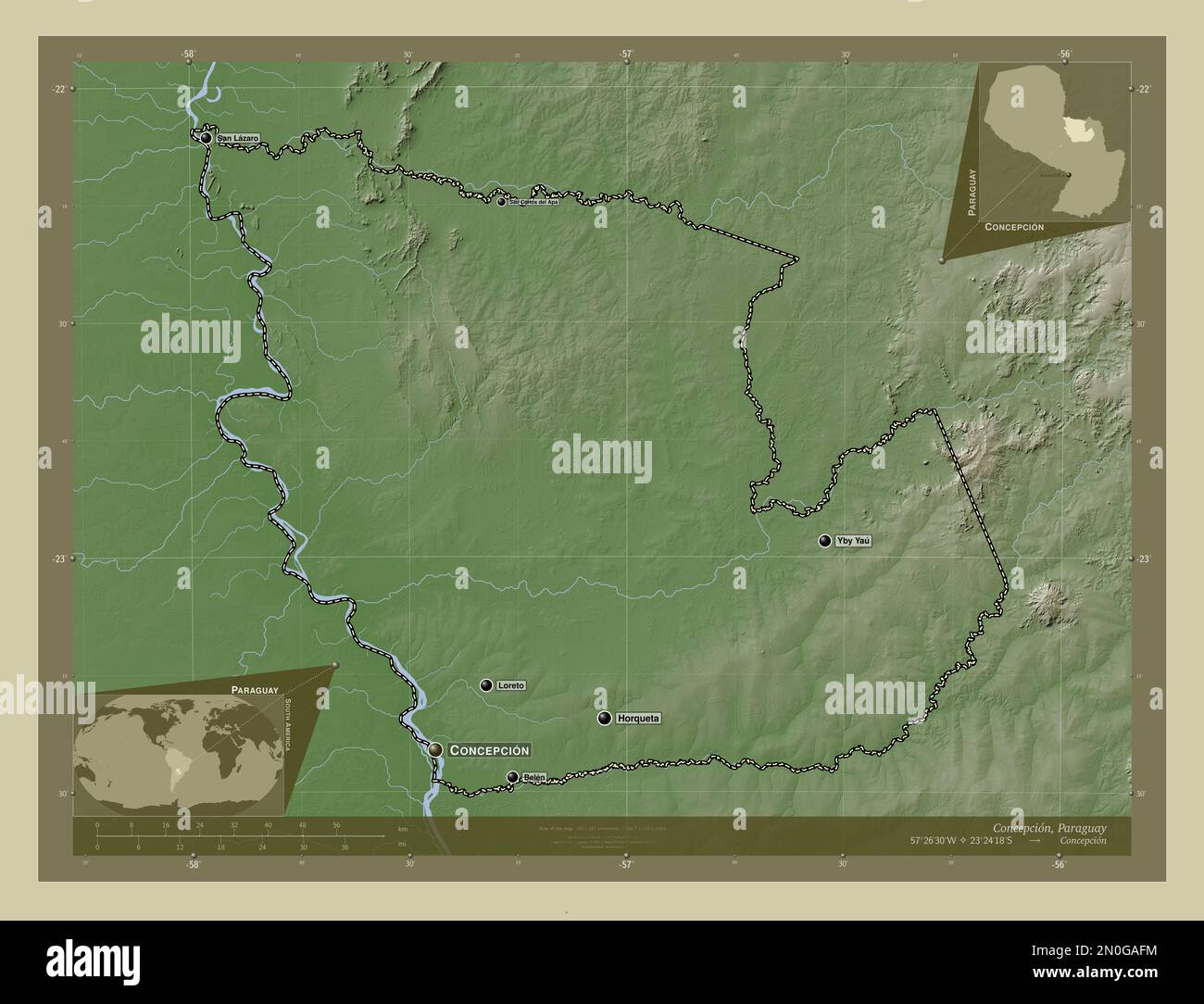 Concepcion, department of Paraguay. Elevation map colored in wiki style ...