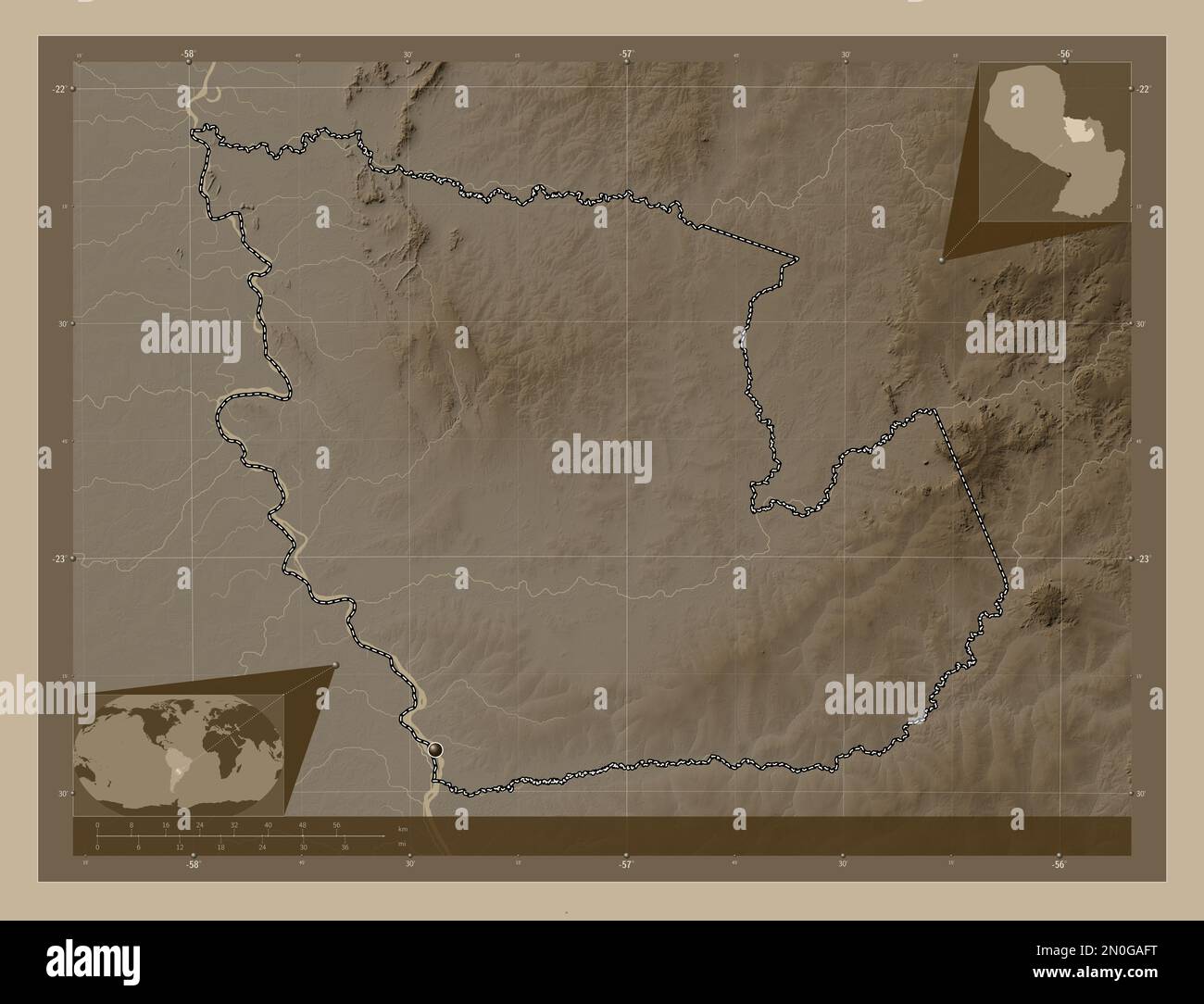 Concepcion, department of Paraguay. Elevation map colored in sepia ...