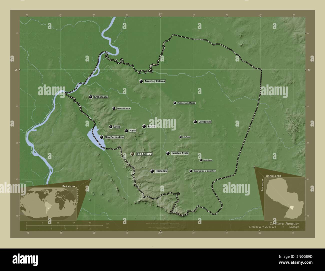 Cordillera, department of Paraguay. Elevation map colored in wiki style ...