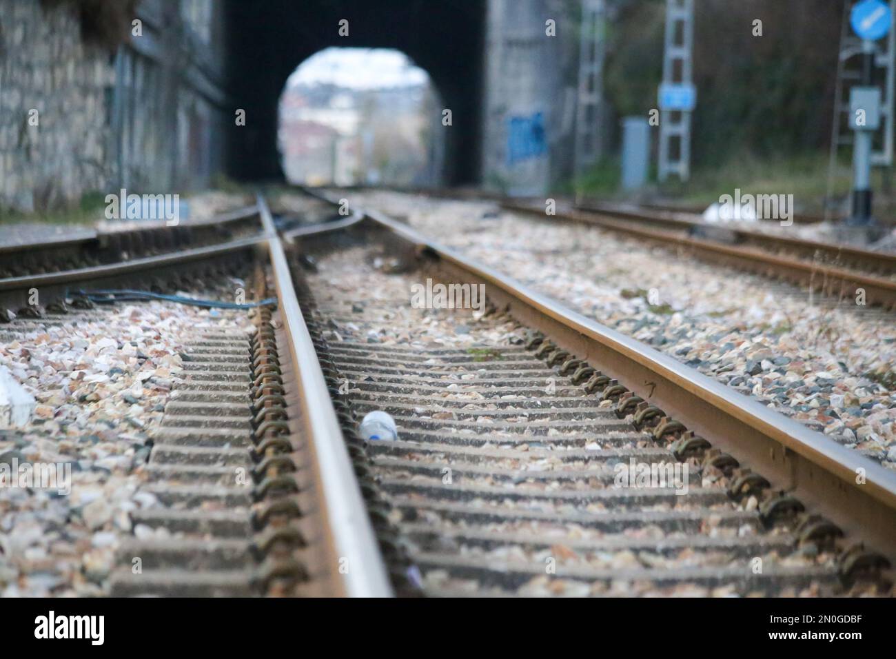 El Berron, Spain, 05th February, 2023: Train tracks during the FEVE ...