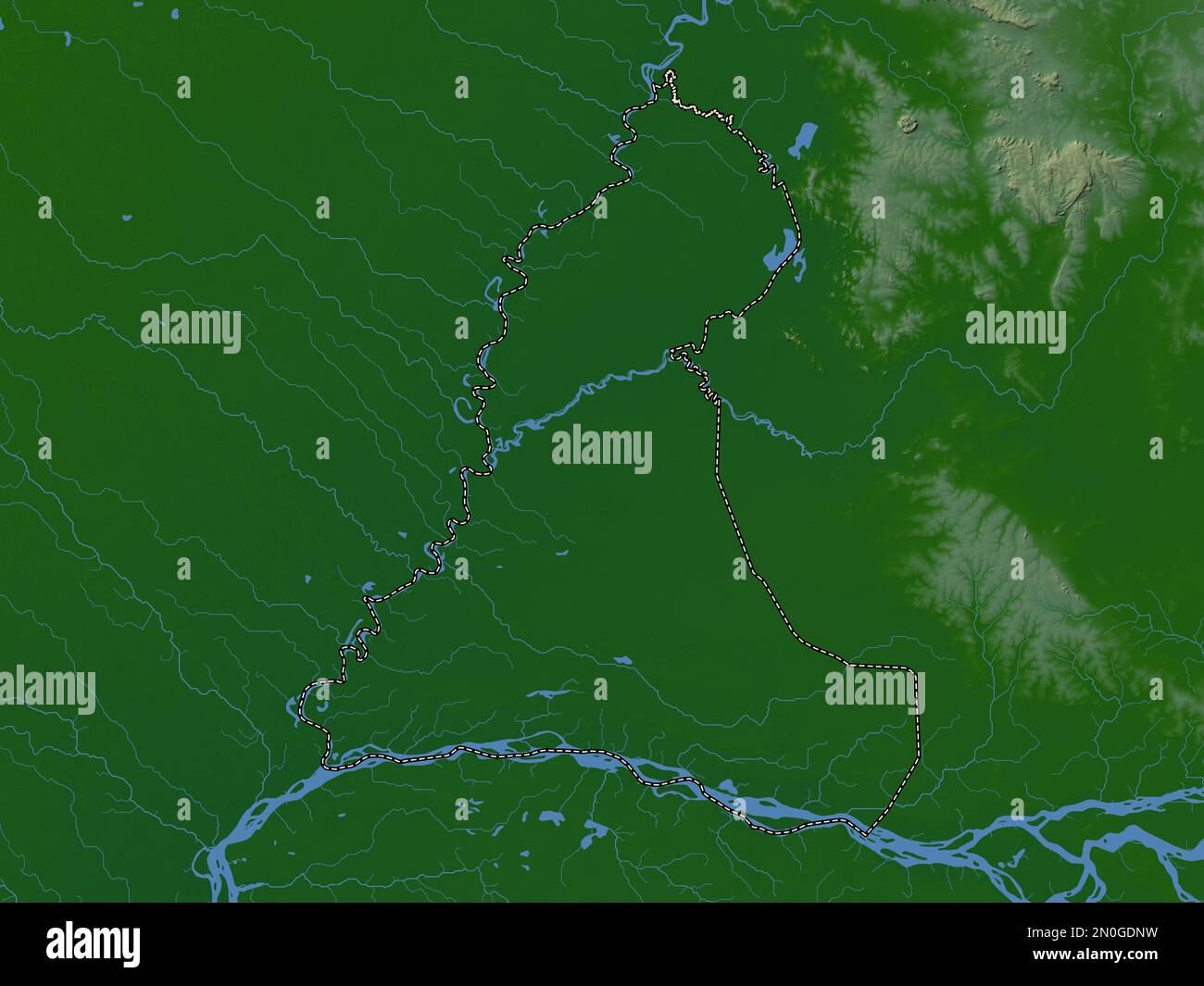 Neembucu, department of Paraguay. Colored elevation map with lakes and ...