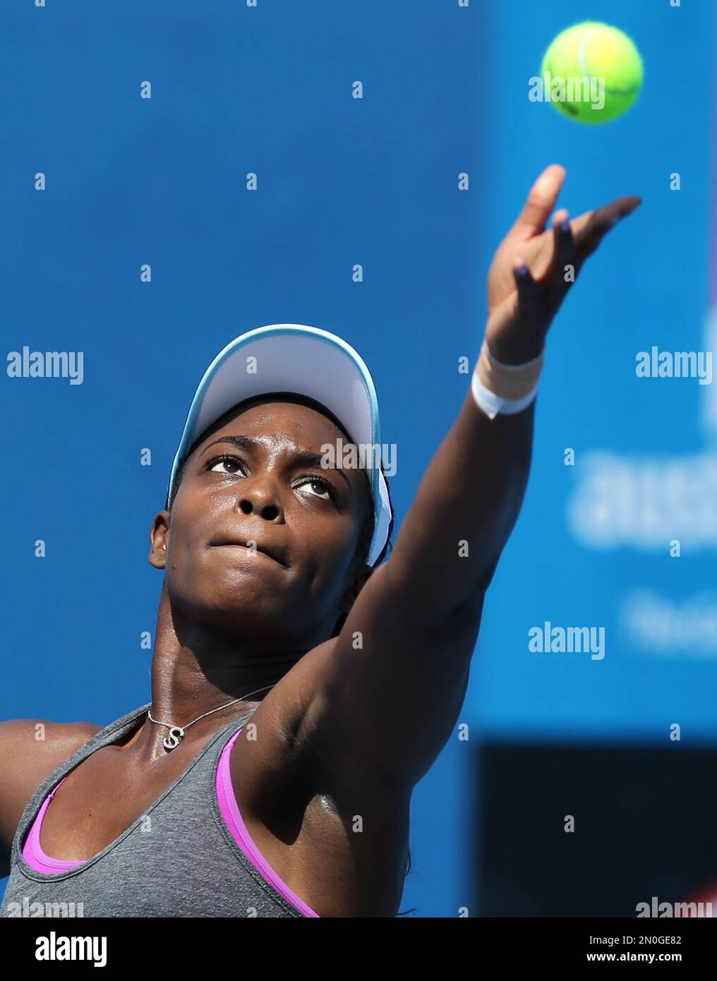 Sloan Stevens of the US serves during practice session ahead of the ...