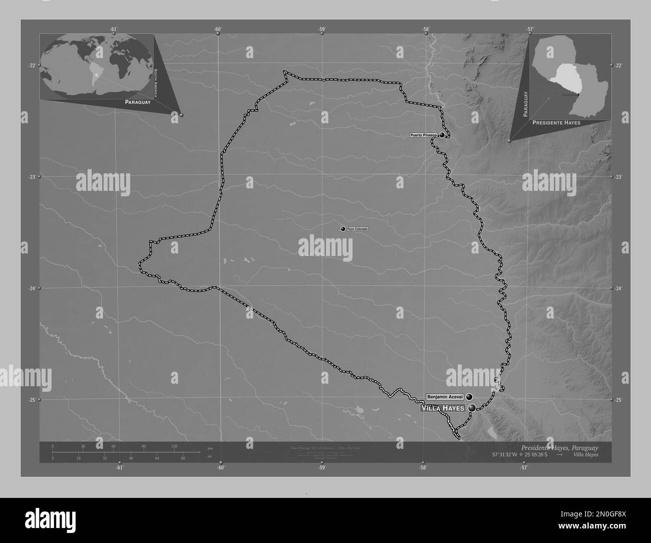 Presidente Hayes, department of Paraguay. Grayscale elevation map with ...