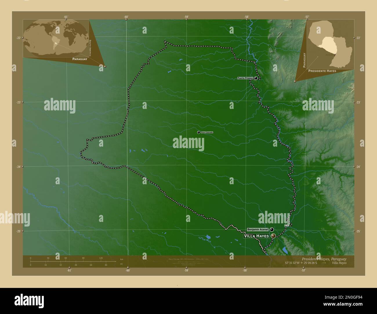 Presidente Hayes, department of Paraguay. Colored elevation map with ...