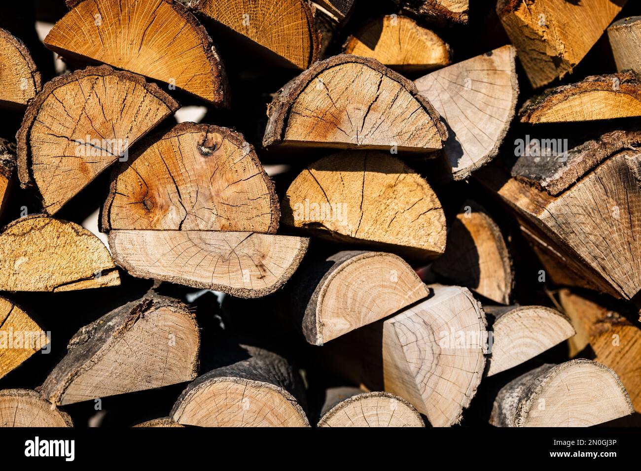 Stacked firewood for camp fires and fireplaces, close up showing ...