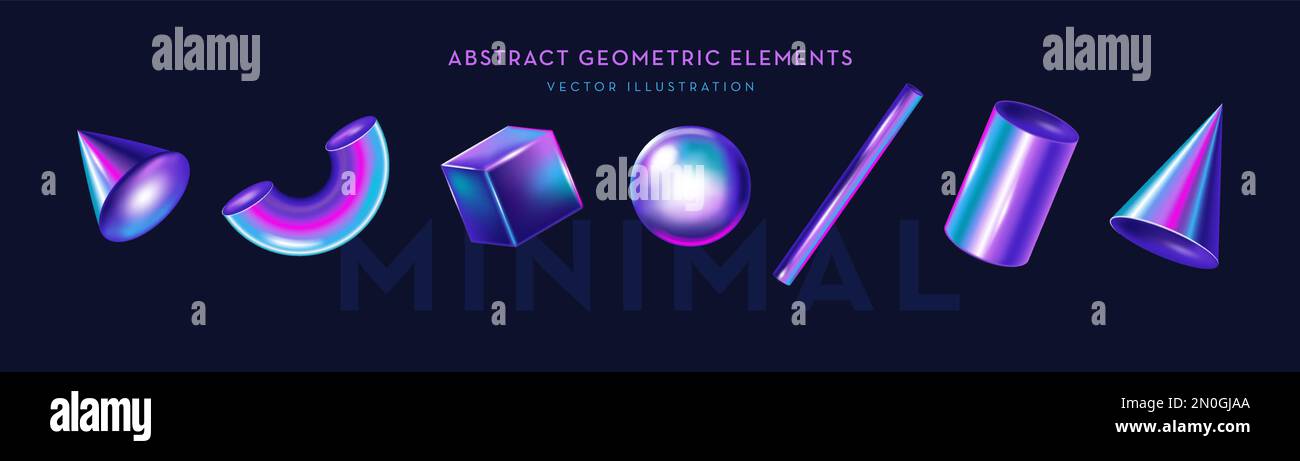 3d abstract minimal geometric shapes. Vector illustrated in glossy neon ...