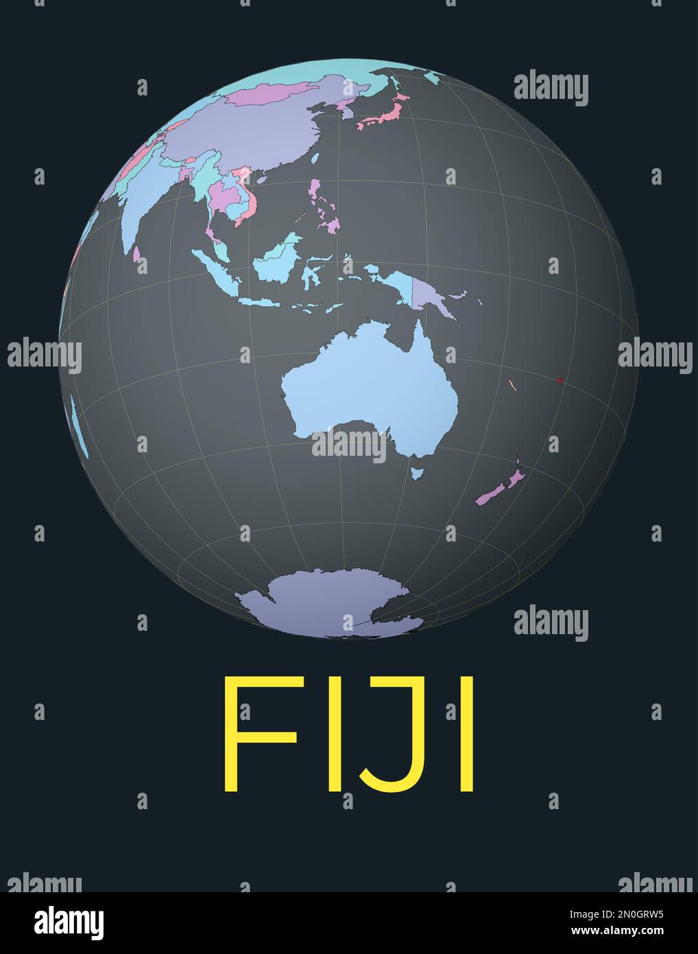 World map centered to Fiji. Red country highlighted. Satellite world ...