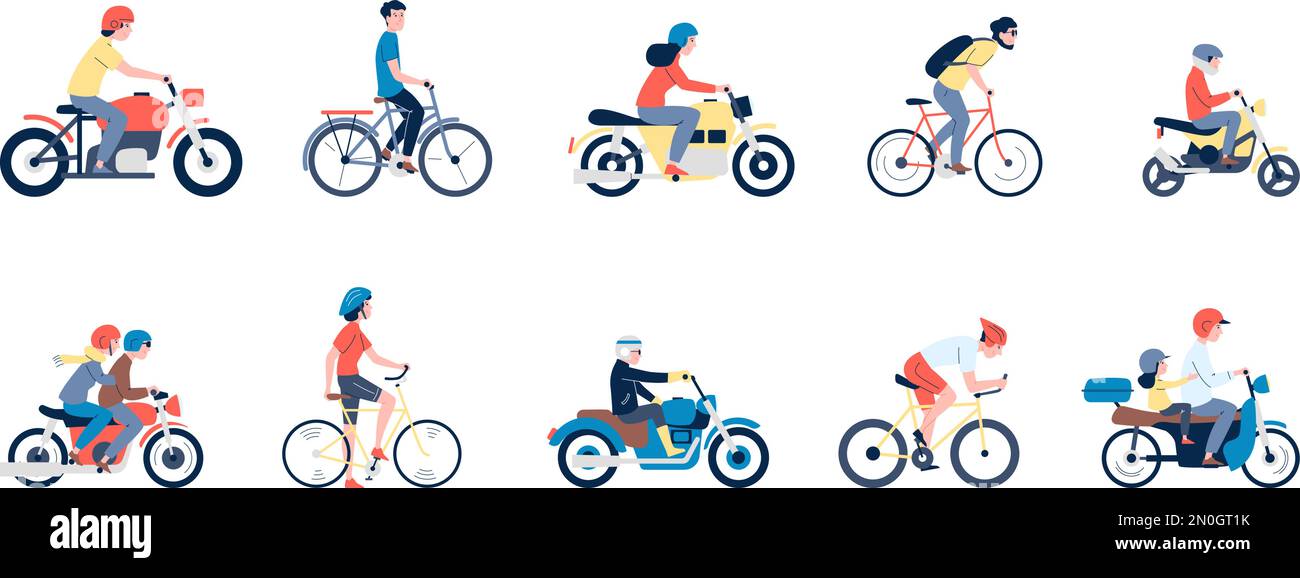 Flat motorcyclist characters. Riding bike and motorcycle, man ride ...