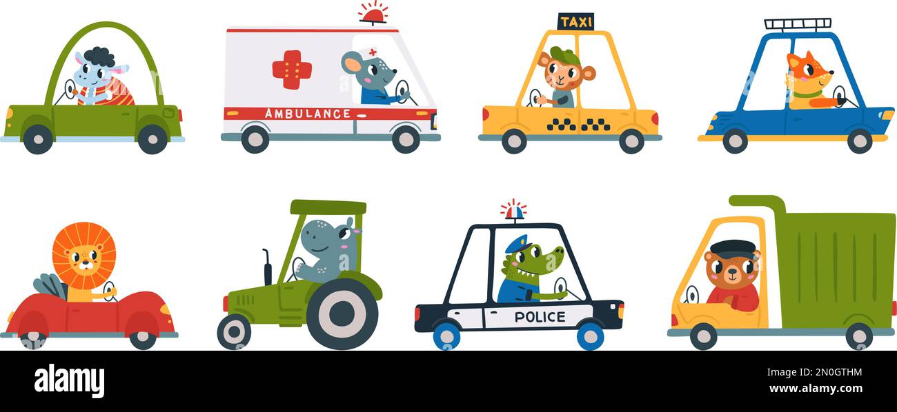 Cute cartoon animals driving auto. Pets drive cars, funny animal ...