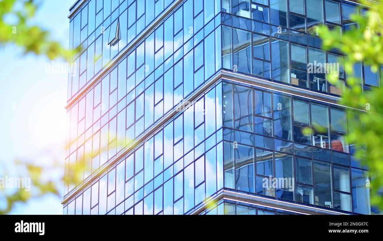 Eco architecture. Green tree and glass office building. The harmony of ...
