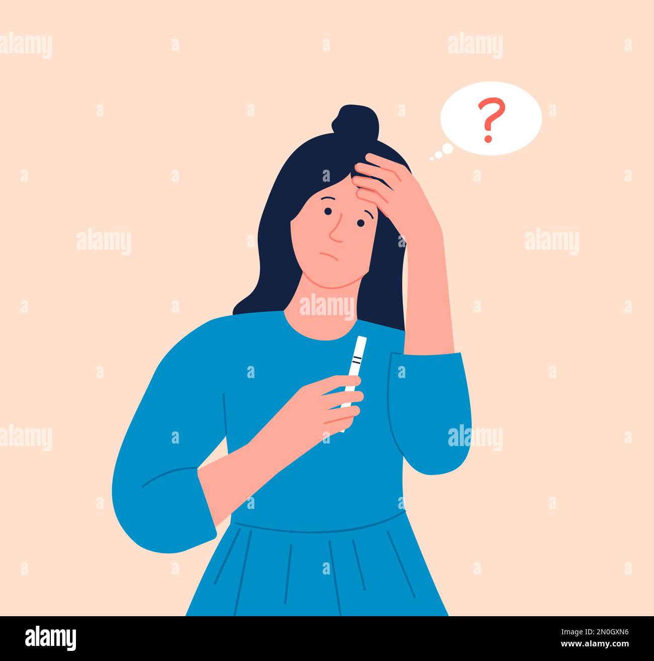 Flat unexpected pregnant female character. Puzzled woman hold positive ...