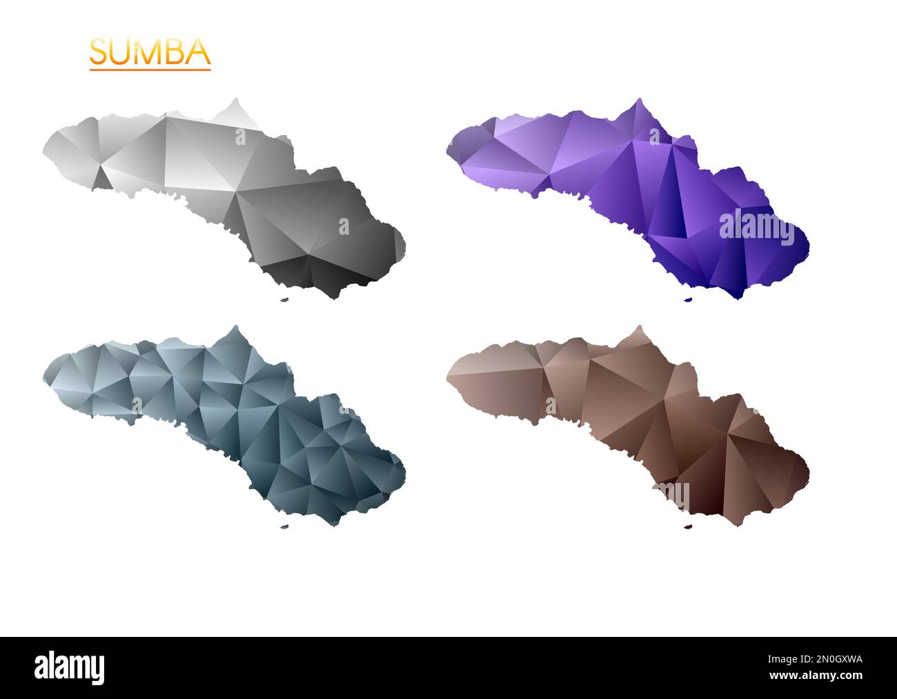 Set of vector polygonal maps of Sumba. Bright gradient map of island in ...