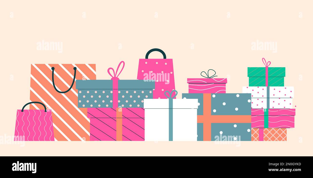 Gift boxes flat style. Presents and shopping bags, banner with ...