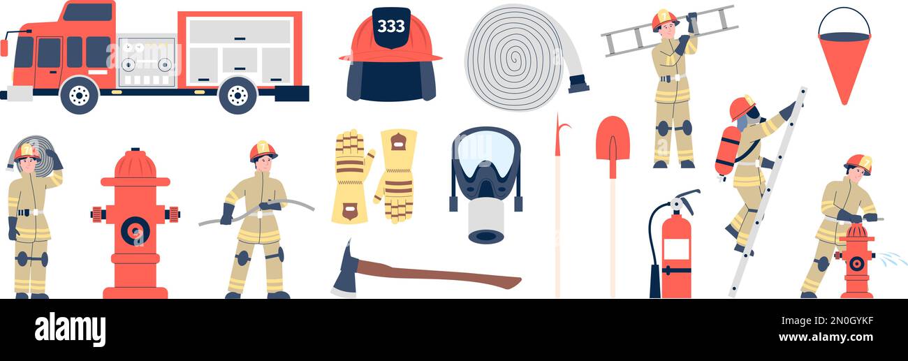 Flat firefighters and equipment, fireman character. Emergency occupation, firefighter in uniform ...