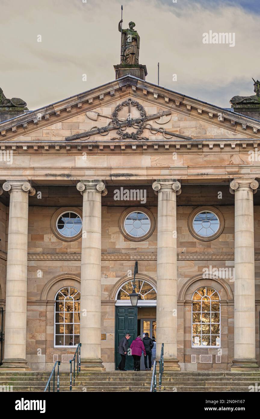 The facade of York Crown Court. Steps lead up to an imposing stone ...