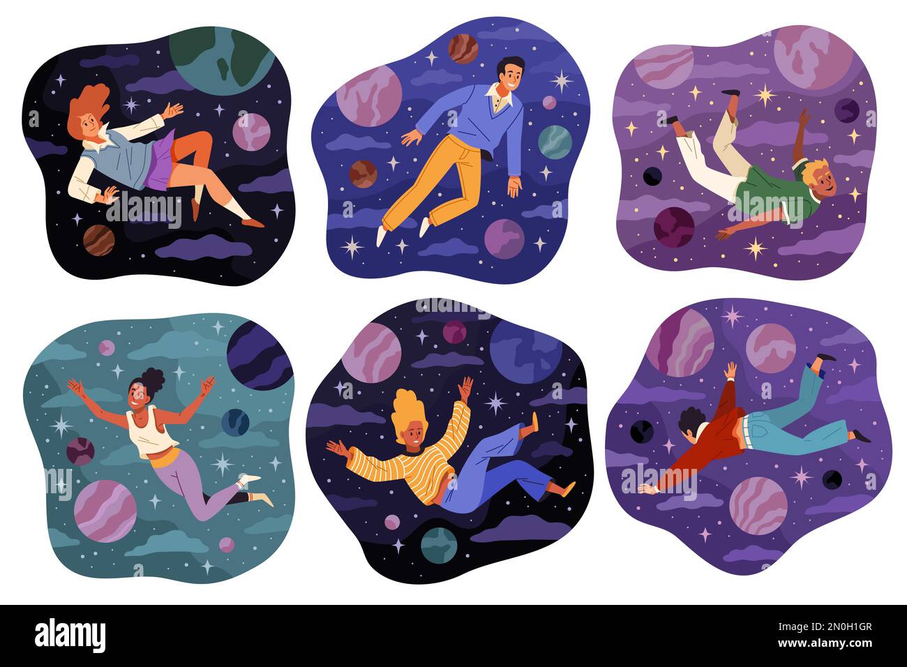 Floating space people. Mystic cosmo flight, guys and girls among ...