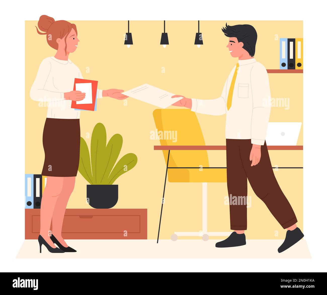 Boss giving paper document to secretary vector illustration. Cartoon ...