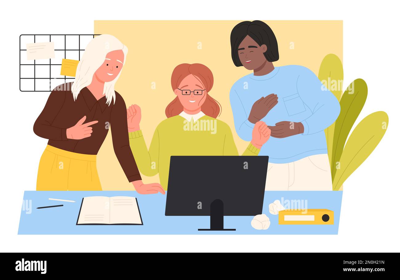 Office conversation and productive business teamwork vector illustration. Cartoon happy workers ...