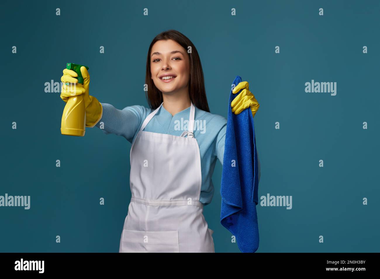 woman in cleaner apron wieaning rag and detergent sprayer Stock Photo ...