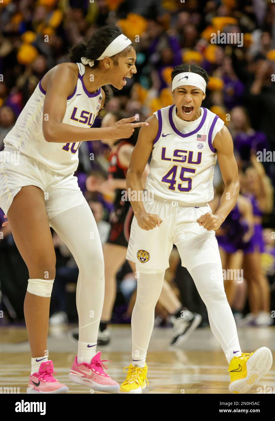 LSU guard Alexis Morris (45) and forward Angel Reese (10)celebrate ...