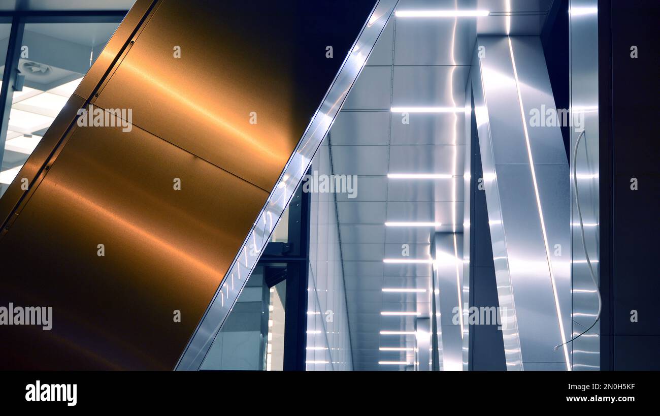 Combination of metal and glass wall material. Steel facade on columns ...