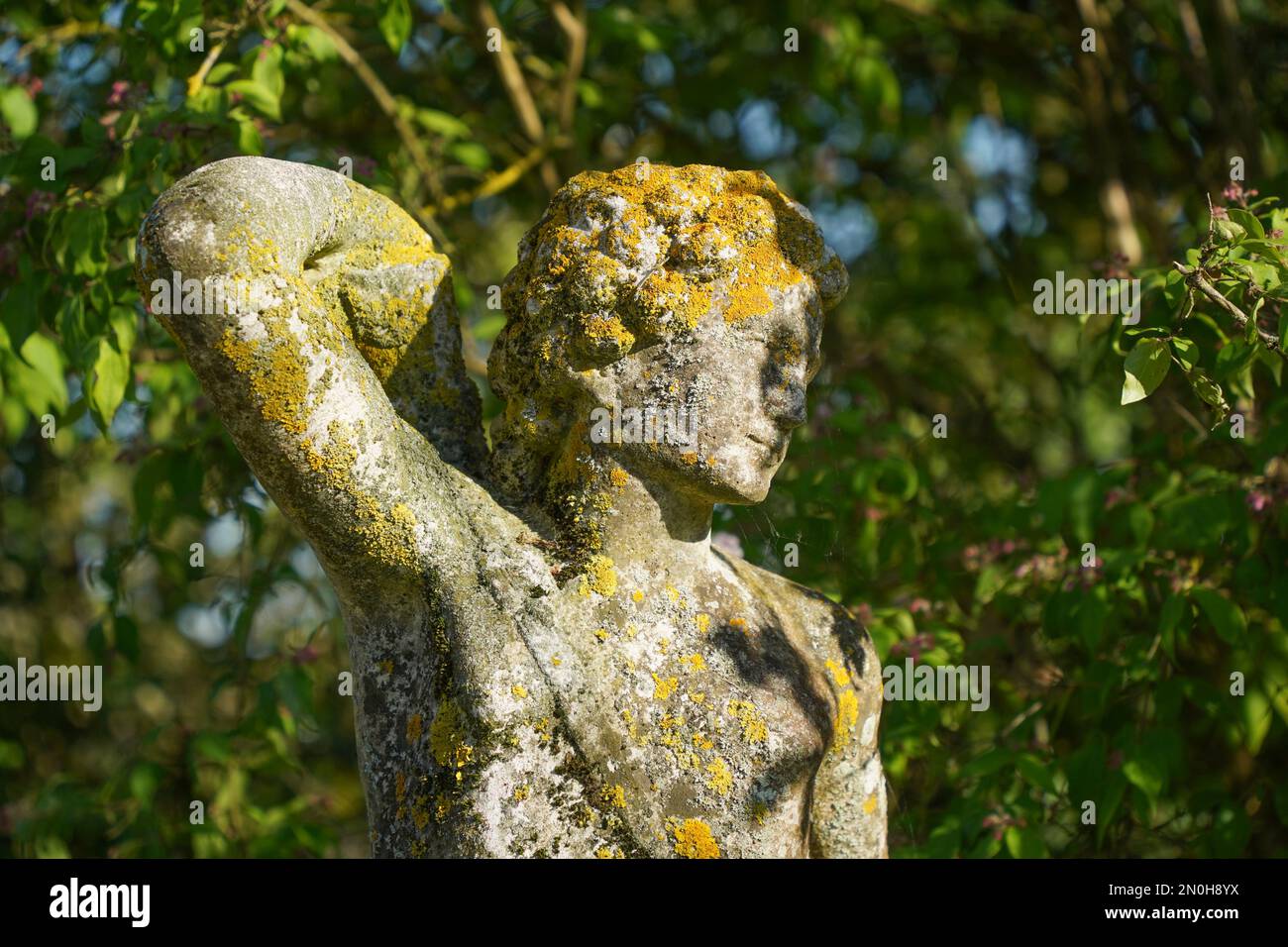 Stone Statue sculpture overgrown by lichen in a garden. France Stock ...