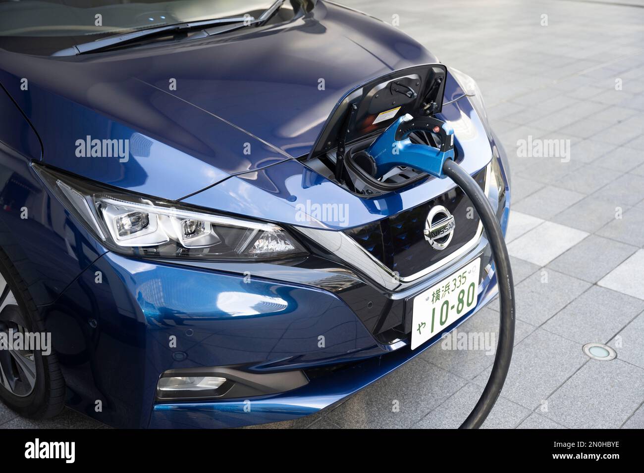 Yokohama, Kanagawa Prefecture, Japan. 5th Feb, 2023. A blue Nissan Leaf ...