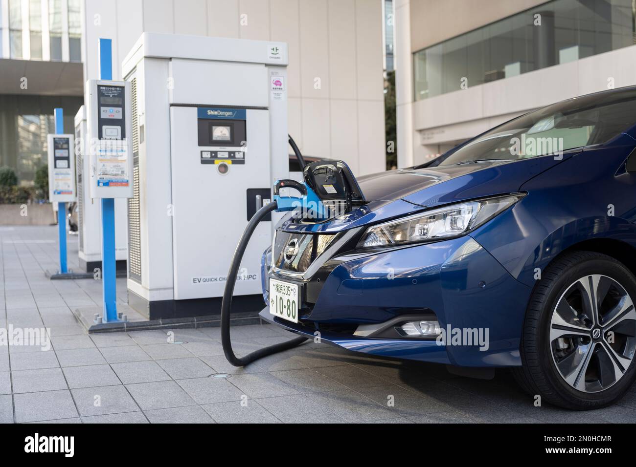 Yokohama, Kanagawa Prefecture, Japan. 5th Feb, 2023. A blue Nissan Leaf ...