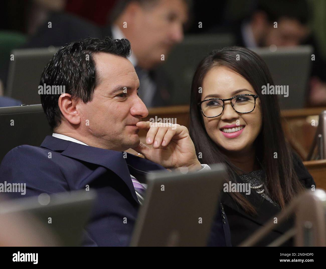 Assemblyman Anthony Rendon of Lakewood, left, gets a smile from his ...