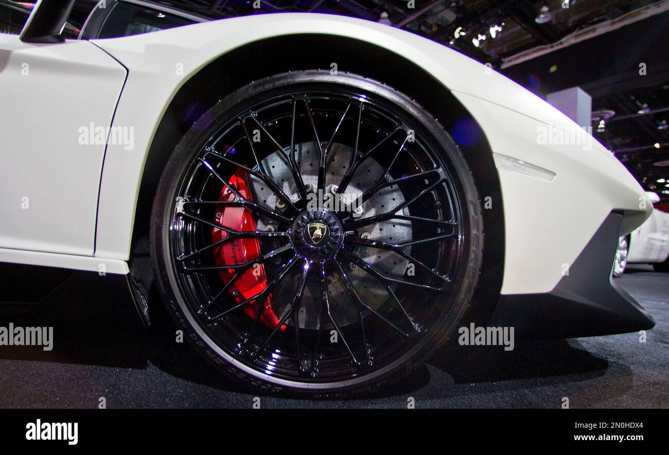 The front passenger-side wheel of a Lamborghini supercar on display at ...