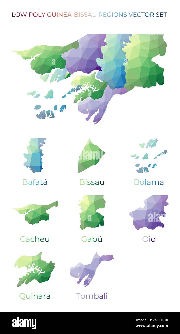Guinea-Bissau low poly regions. Polygonal map of Guinea-Bissau with regions. Geometric maps for ...