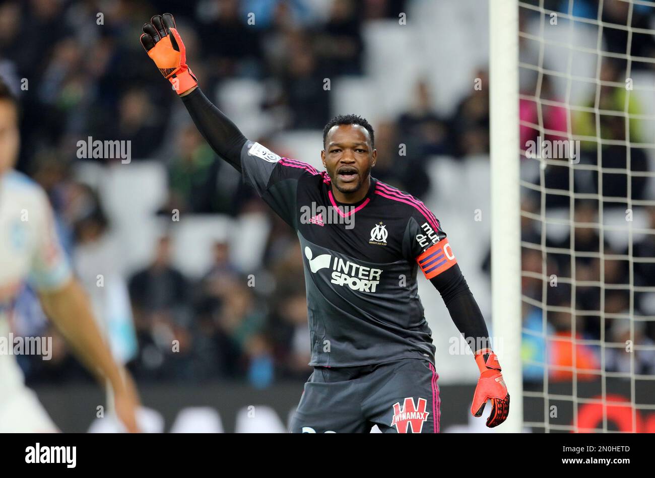 Marseille's French goalkepper Steve Mandanda, gestures, during the ...