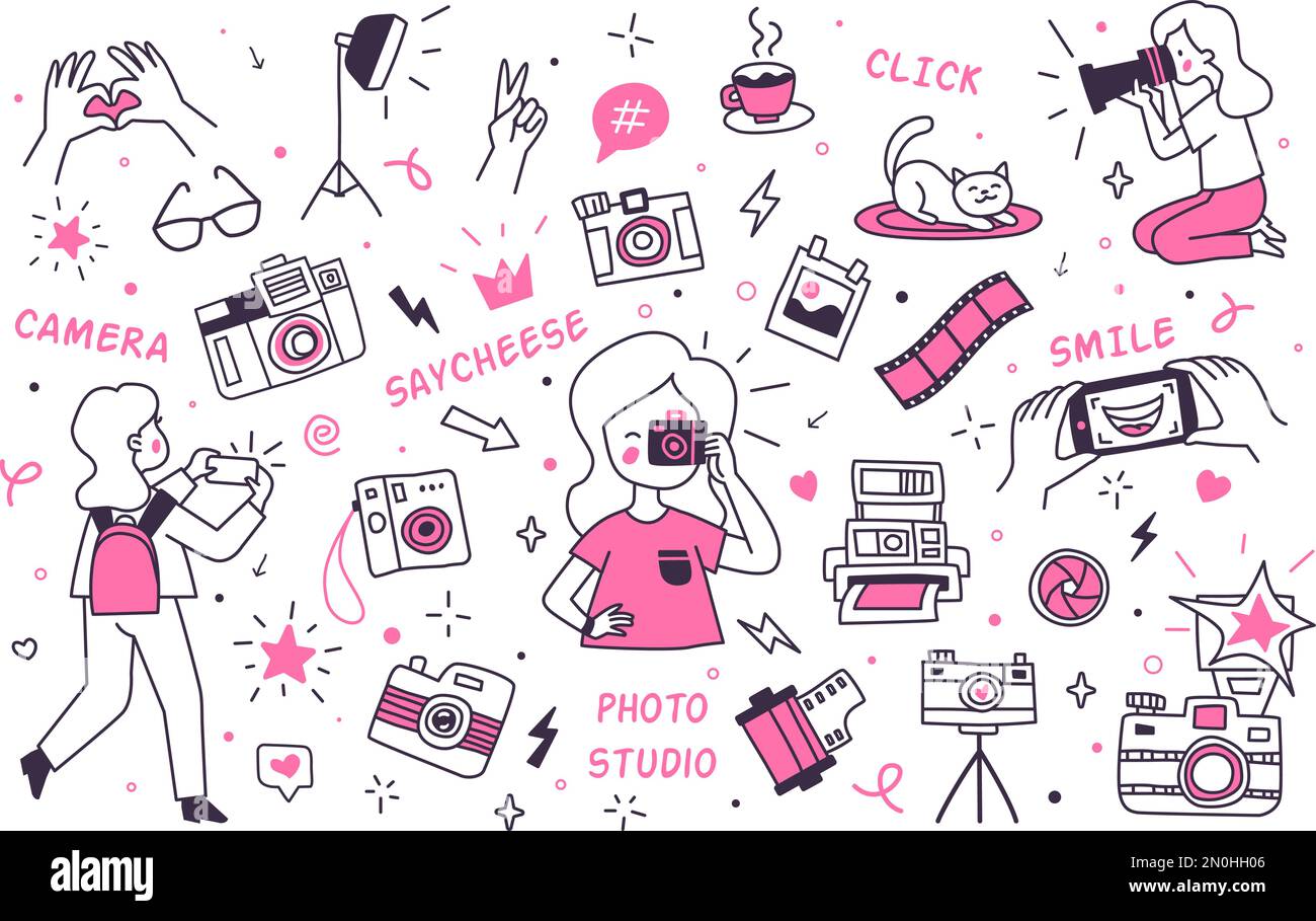 Photographer doodle elements. Hand drawing photography decoration ...