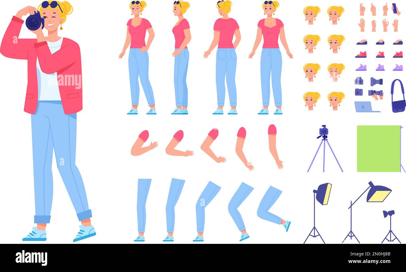 Photographer constructor. Woman cameraman with photo camera character ...