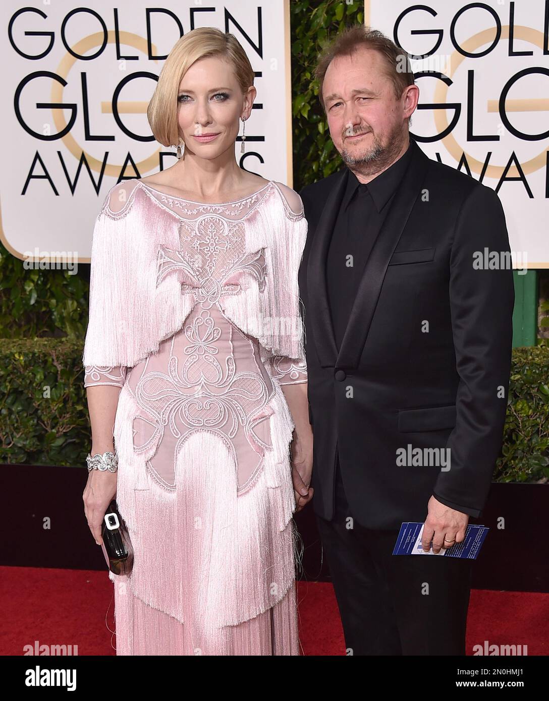 Cate Blanchett, left, and Andrew Upton arrive at the 73rd annual Golden ...