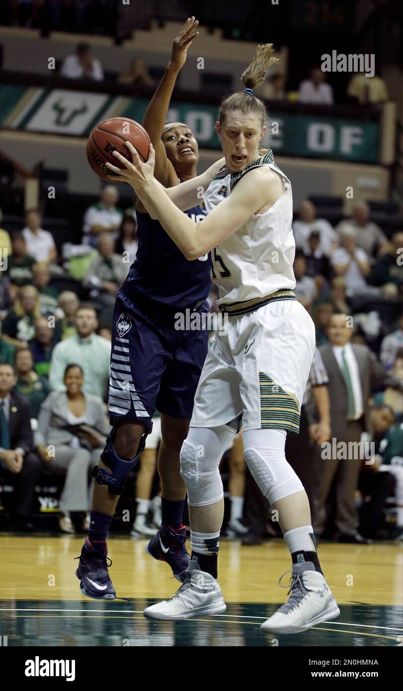 South Florida center Katelyn Weber (45) grabs a rebound from ...
