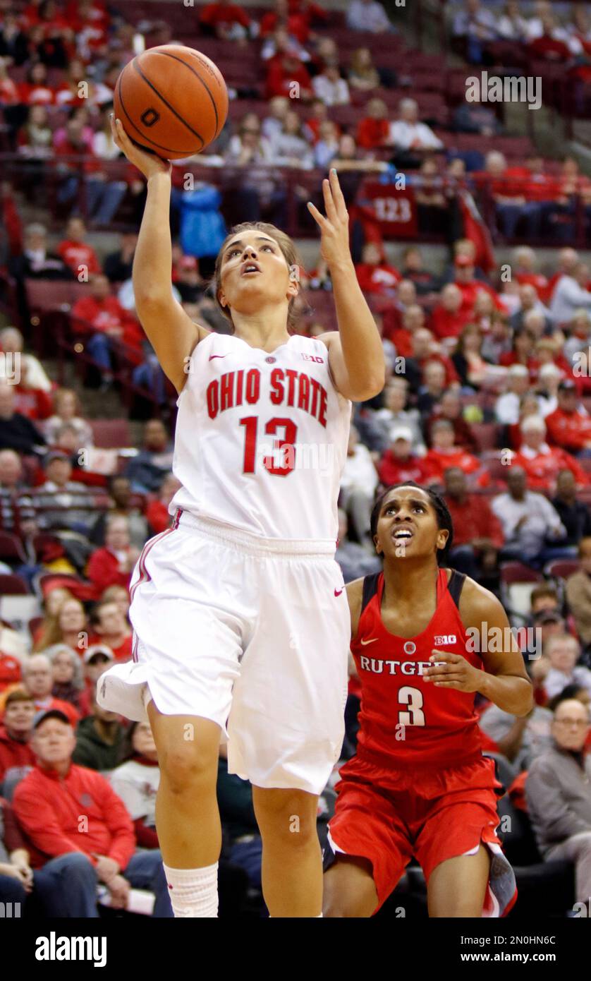 Ohio State's Cait Craft, left, goes up for a shot against Rutgers' Tyler Scaife during an NCAA ...