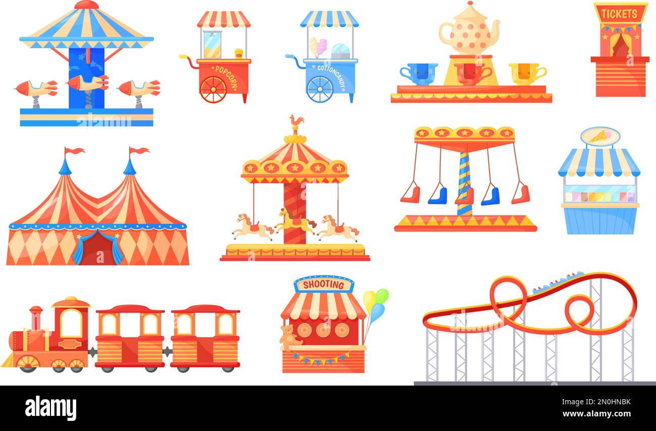 Funfair carousels. Amusement park on fairground with horse carousel ...