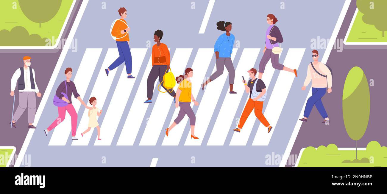 Crowd crossing road. People goes on crosswalk or path zebra ...