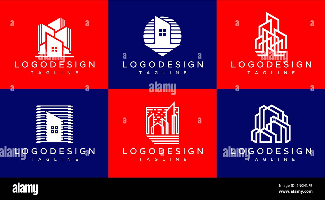 Minimalist property logo design template set. Line building logo ...