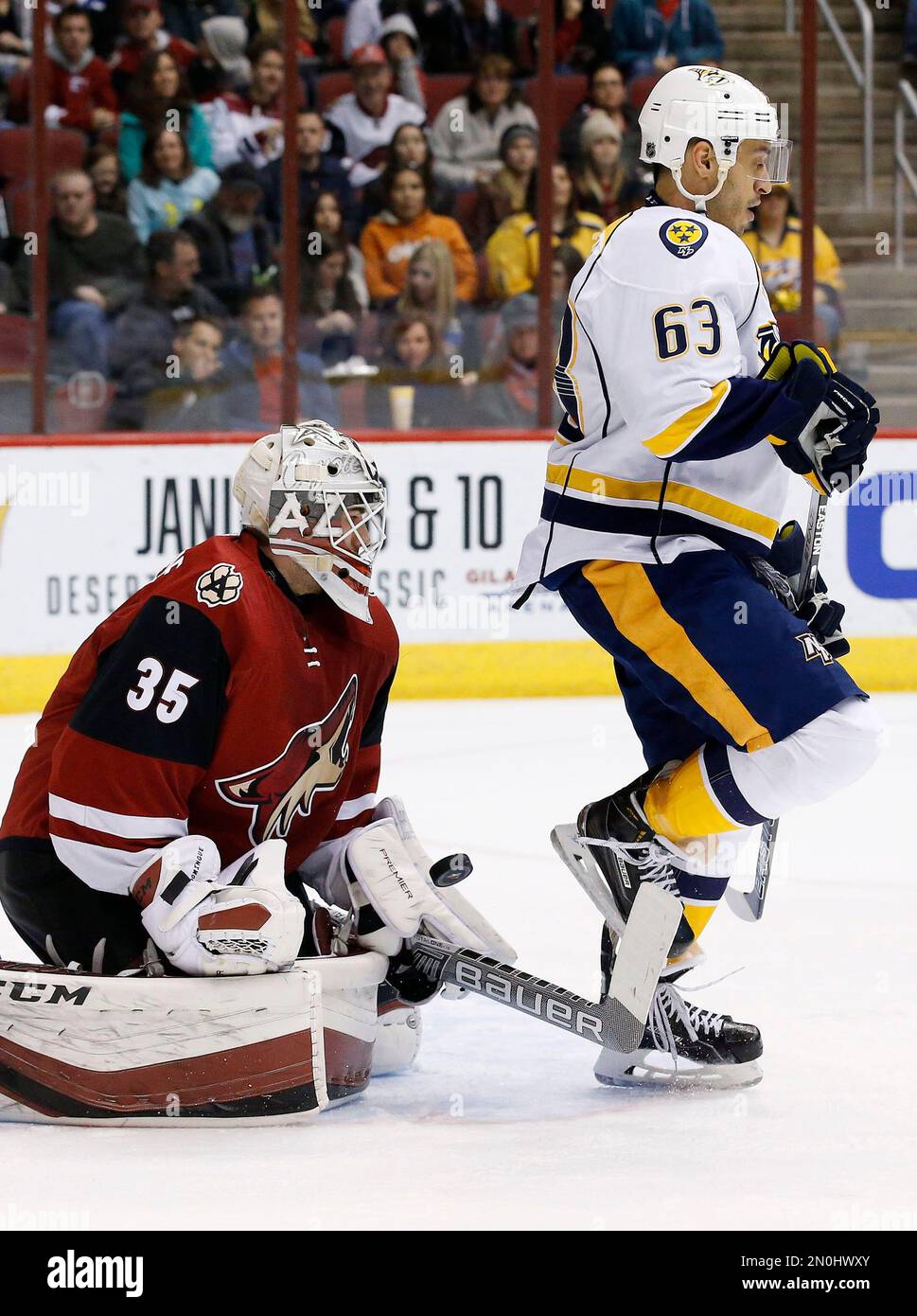 Arizona Coyotes' Louis Domingue (35) makes a save behind Nashville ...