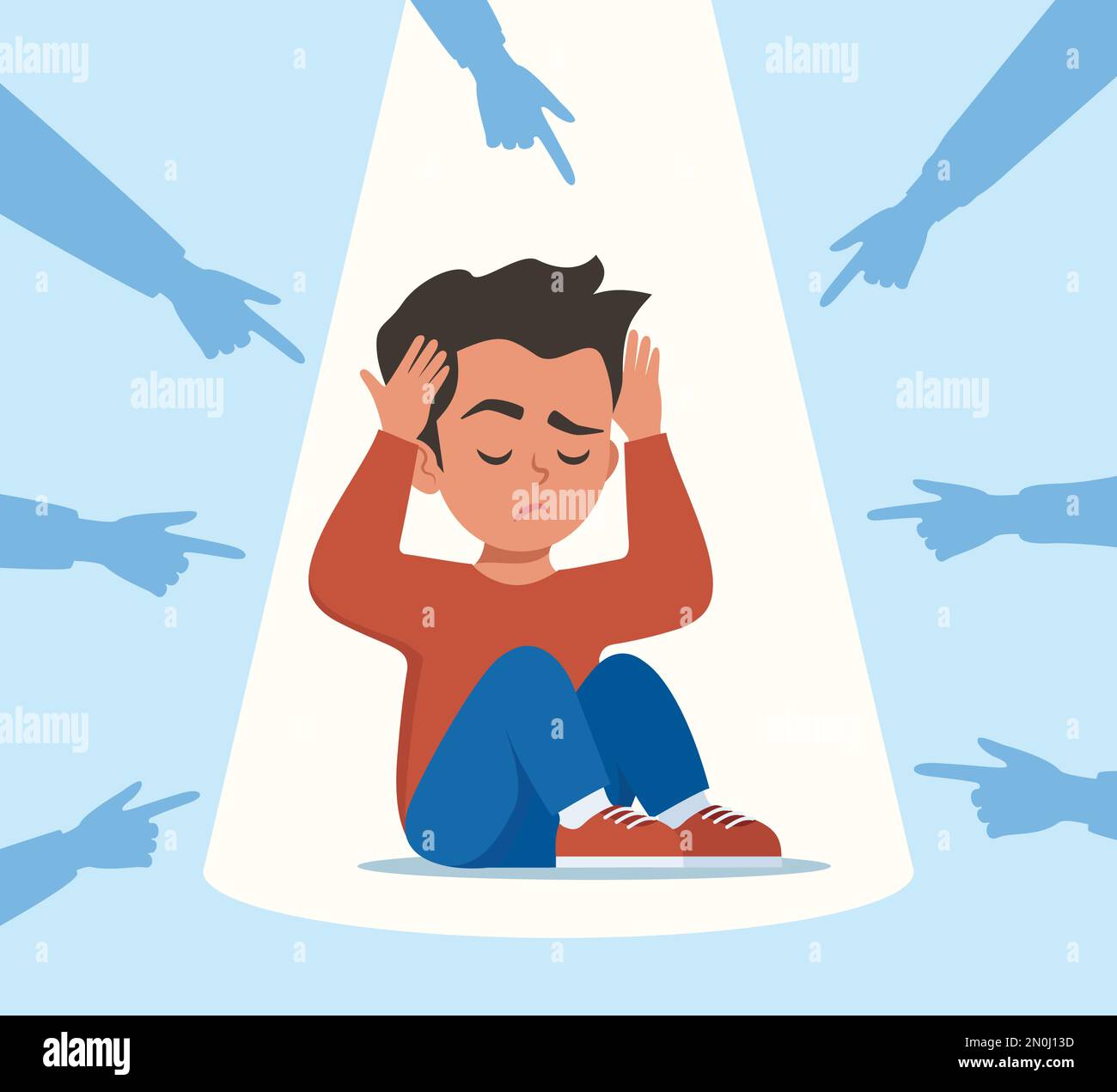 Sad or depressed young man surrounded by hands with index fingers ...