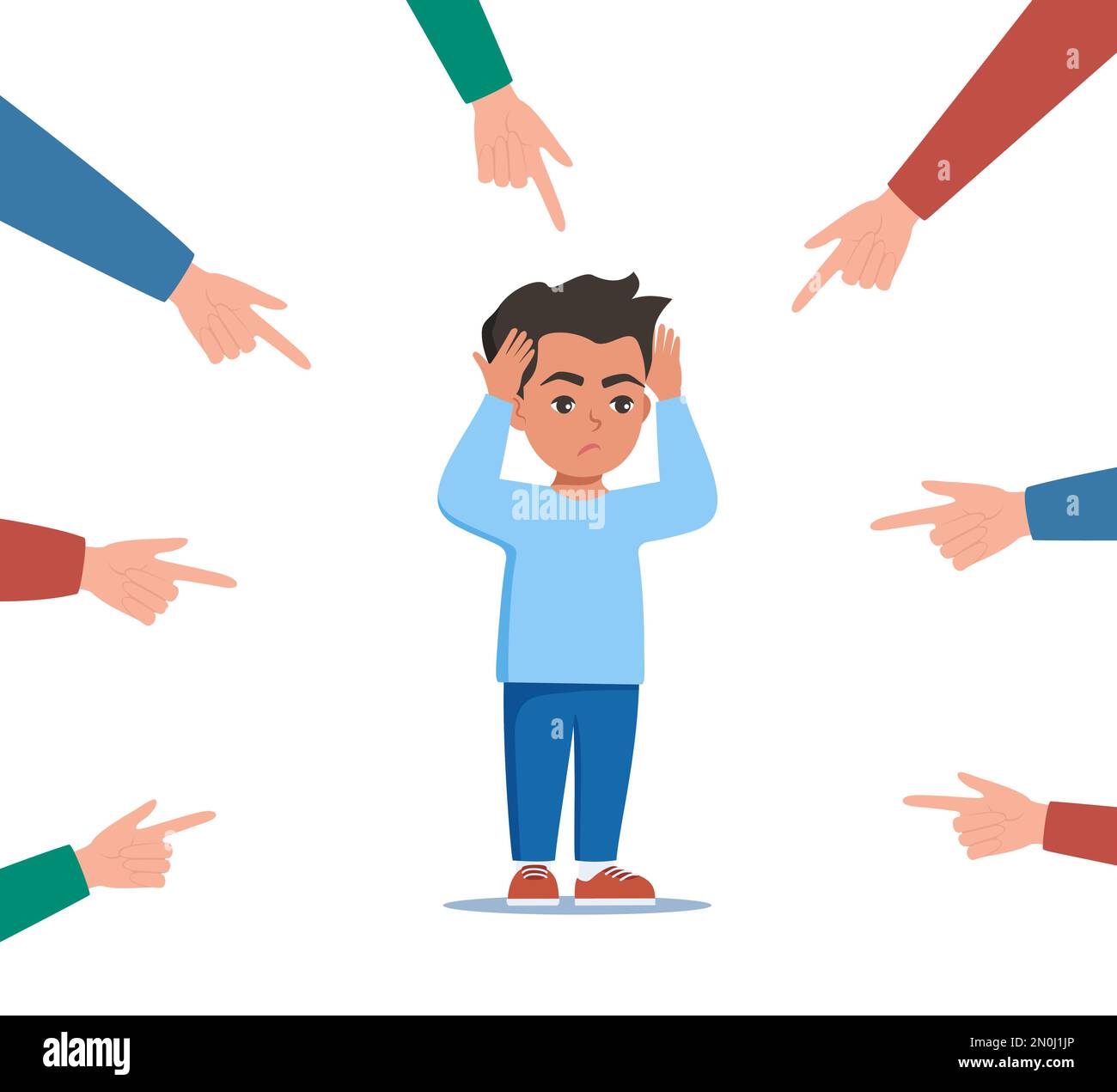 Sad or depressed young man surrounded by hands with index fingers ...