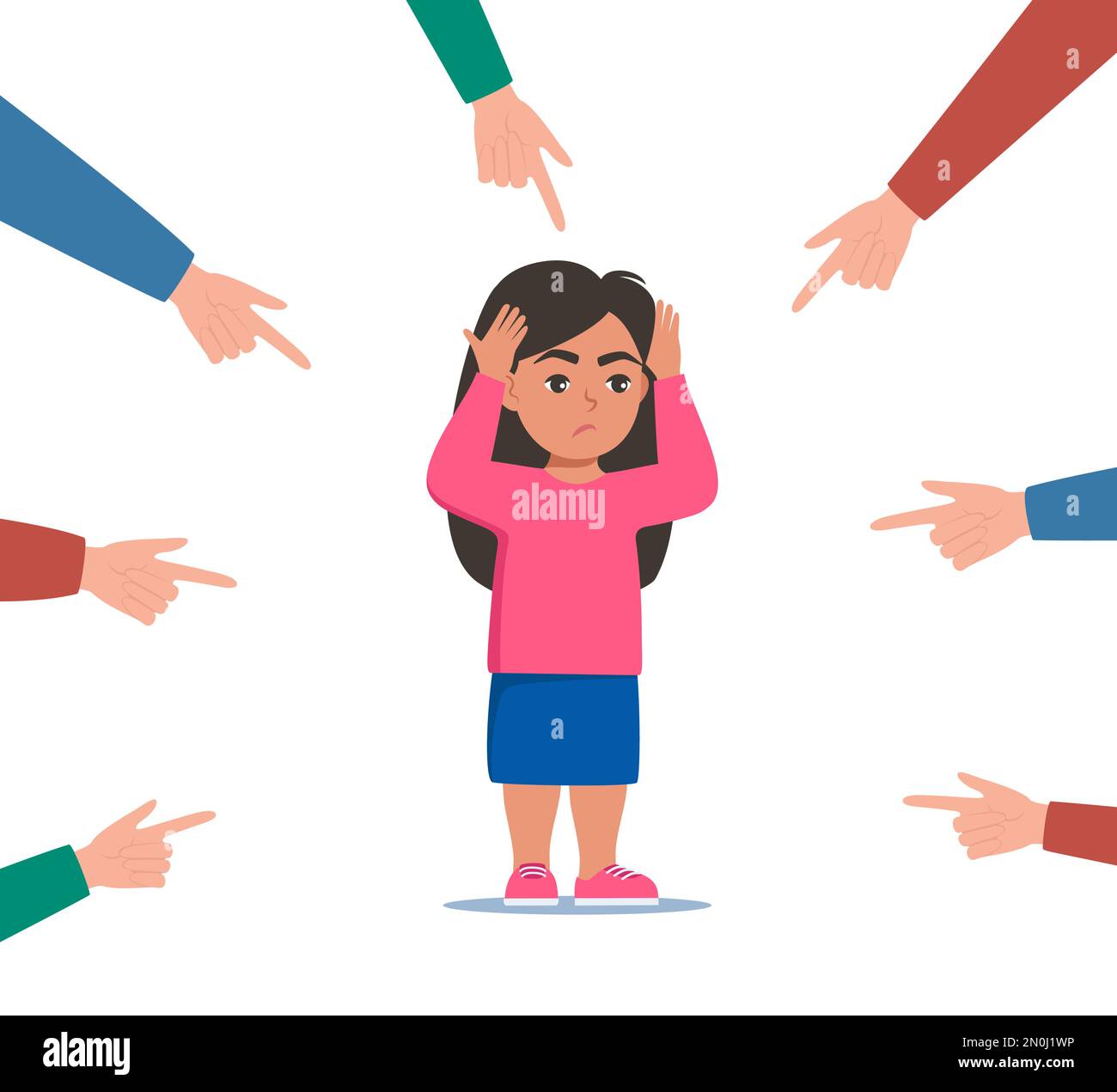 Sad or depressed girl kid surrounded by hands with index fingers ...