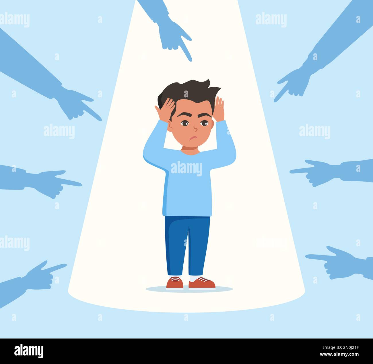 Sad or depressed young man surrounded by hands with index fingers ...