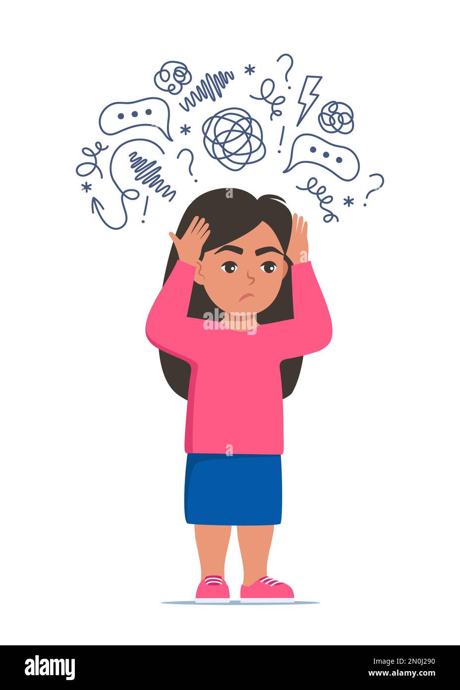 Sad girl standing on floor surrounded by stream of anxious thoughts ...